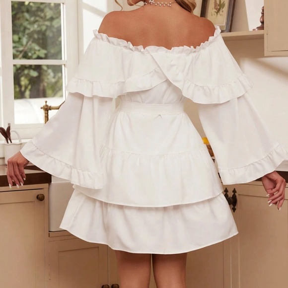 BellanBlue | Dresses | Boho White Ruffle Hem Belted Off Shoulder Mini ...
